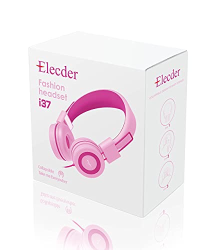 ELECDER i37 Kids Headphones Children Girls Boys Teens Foldable Adjustable On Ear Headphones 3.5mm Jack Compatible Cellphones Computer MP3/4 Kindle School Tablet Rose/Pink