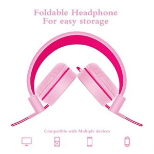 ELECDER i37 Kids Headphones Children Girls Boys Teens Foldable Adjustable On Ear Headphones 3.5mm Jack Compatible Cellphones Computer MP3/4 Kindle School Tablet Rose/Pink