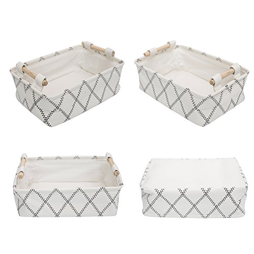 LUFOFOX Decorative Collapsible Rectangular Fabric Storage Bin Organizer Basket with Wooden Handles for Clothes Storage,12.6x8.7x4.7 inch,White