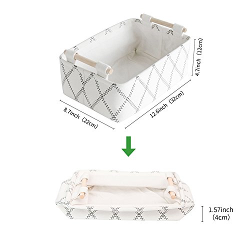 LUFOFOX Decorative Collapsible Rectangular Fabric Storage Bin Organizer Basket with Wooden Handles for Clothes Storage,12.6x8.7x4.7 inch,White