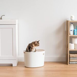 IRIS USA Medium Stylish Round Top Entry Cat Litter Box with Scoop, Curved Kitty Litter Pan with Litter Particle Catching Grooved Cover and Privacy Walls, White/Beige