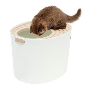 iris usa medium stylish round top entry cat litter box with scoop, curved kitty litter pan with litter particle catching grooved cover and privacy walls, white/beige