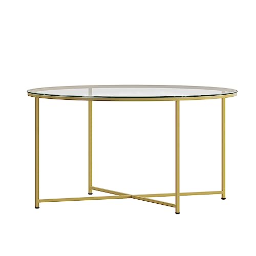 Flash Furniture Greenwich Collection Coffee Table - Modern Clear Glass Coffee Table - Crisscross Brushed Gold Frame