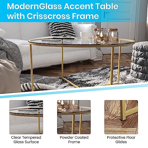 Flash Furniture Greenwich Collection Coffee Table - Modern Clear Glass Coffee Table - Crisscross Brushed Gold Frame