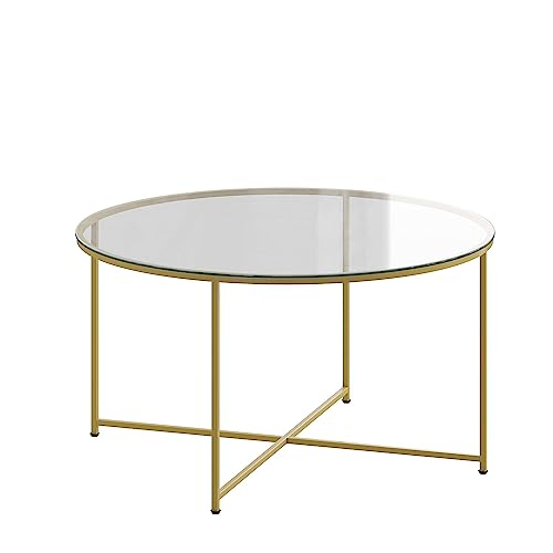 Flash Furniture Greenwich Collection Coffee Table - Modern Clear Glass Coffee Table - Crisscross Brushed Gold Frame