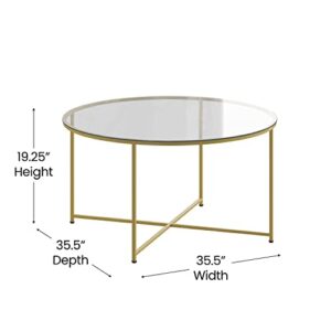 Flash Furniture Greenwich Collection Coffee Table - Modern Clear Glass Coffee Table - Crisscross Brushed Gold Frame