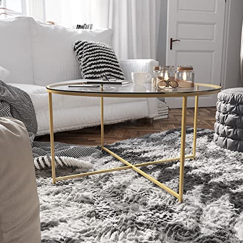 Flash Furniture Greenwich Collection Coffee Table - Modern Clear Glass Coffee Table - Crisscross Brushed Gold Frame