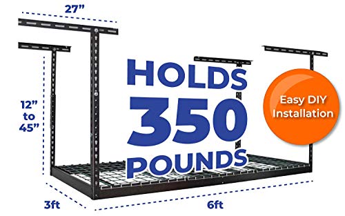 MonsterRax Overhead Garage Storage Rack - Heavy Duty Racks for Garage with 400 lb Capacity, Easy Garage Shelving, Adjustable Storage Rack, Ceiling Mount Storage Shelves 3x6 Hammertone (12"-45")