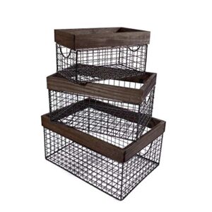 slpr wooden top wire storage (set of 3, dark wood): kitchen, nursery, pantry organization and storage bins, laundry blanket baskets, stackable storage bins for organizing, metal milk crates