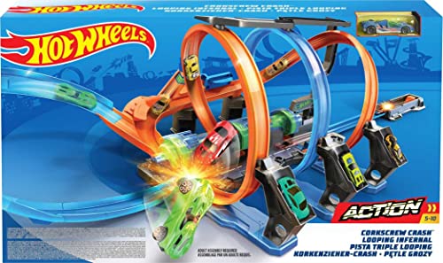 Hot Wheels Toy Car Track Set, Corkscrew Crash with 1:64 Scale Car, 3 Crash Zones, Powered by Motorized Booste, [Amazon Exclusive]