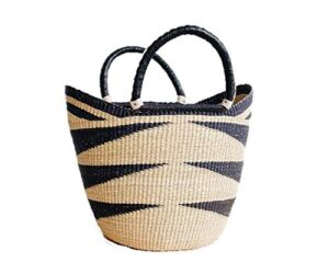 large yikene ghanaian wing u-shopper - ghana bolga basket fair trade - 16"-19" across (black & tan)