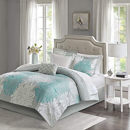 Madison Park Essentials Maible Cozy Bed in A Bag Comforter with Complete Cotton Sheet Set-Floral Medallion Damask Design All Season Cover, Decorative Pillow, Full (78 in x 86 in), Floral Aqua 9 Piece