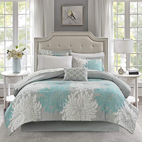 Madison Park Essentials Maible Cozy Bed in A Bag Comforter with Complete Cotton Sheet Set-Floral Medallion Damask Design All Season Cover, Decorative Pillow, Full (78 in x 86 in), Floral Aqua 9 Piece