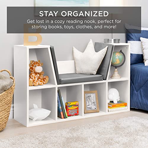 Best Choice Products 6-Cubby Kids Bedroom Storage Organizer, Multi-Purpose Bookcases, Shelf Furniture Decoration w/Cushioned Reading Nook - White