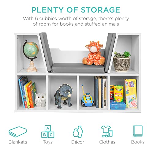 Best Choice Products 6-Cubby Kids Bedroom Storage Organizer, Multi-Purpose Bookcases, Shelf Furniture Decoration w/Cushioned Reading Nook - White