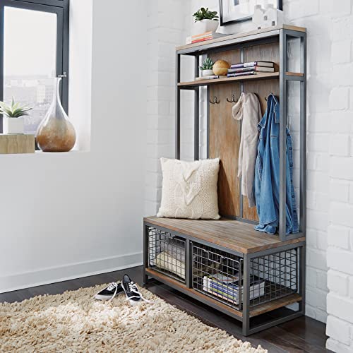 homestyles Barnside Metro Hall Tree Constructed of Mixes Media, Gray Metal Frame with Multi-toned Driftwood Finish with Two Large Storage Baskets and Four Hooks