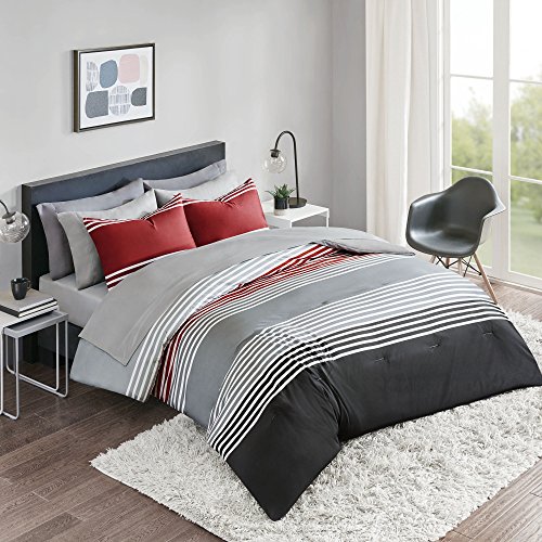 Comfort Spaces Twin Comforter Sets with Sheets - Bed in a Bag 6 Pieces Teen Bedding Sets Twin, Red and Grey Stripes Bedding Twin, College Twin Bed Set with 2 Side Pockets Bedroom Organizer