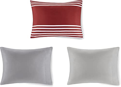 Comfort Spaces Twin Comforter Sets with Sheets - Bed in a Bag 6 Pieces Teen Bedding Sets Twin, Red and Grey Stripes Bedding Twin, College Twin Bed Set with 2 Side Pockets Bedroom Organizer