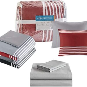 Comfort Spaces Twin Comforter Sets with Sheets - Bed in a Bag 6 Pieces Teen Bedding Sets Twin, Red and Grey Stripes Bedding Twin, College Twin Bed Set with 2 Side Pockets Bedroom Organizer