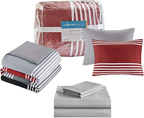 Comfort Spaces Twin Comforter Sets with Sheets - Bed in a Bag 6 Pieces Teen Bedding Sets Twin, Red and Grey Stripes Bedding Twin, College Twin Bed Set with 2 Side Pockets Bedroom Organizer