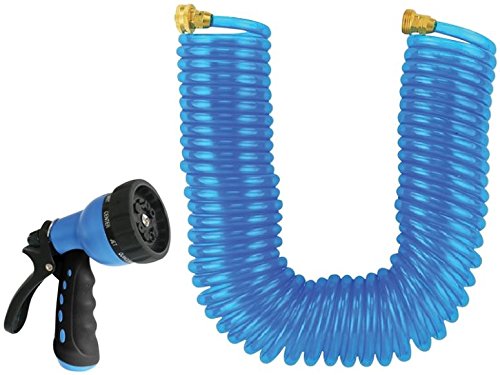 Rocky Mountain Landscapers Select Coiled Garden Hose with 10 Pattern Spray Nozzle 50 Foot by 3/8” - Leakproof - Heavy duty UV stabilized - Drinking Water Safe - Solid brass fittings