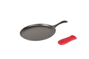 lodge cast iron round griddle with red silicone hot handle holder, 10.5-inch