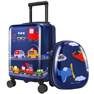 iplay, ilearn kids carry on luggage set, 18" hardside rolling suitcase w/spinner wheels, hard shell travel luggage w/backpack for boys toddlers children