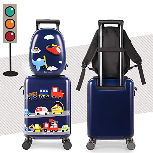 iPlay, iLearn Kids Carry On Luggage Set, 18" Hardside Rolling Suitcase W/Spinner Wheels, Hard Shell Travel Luggage W/Backpack for Boys Toddlers Children