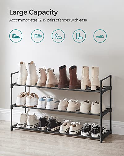 SONGMICS Shoe Rack, 3-Tier Shoe Storage Organizer, Metal Shoe Shelf, 12 to 15 Pairs Shoes, Stackable Shoe Tower for Living Room, Entryway, Hallway, Closet, Black ULSA13BK