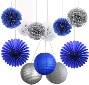 heartfeel 11pcs navy blue silver white tissue pom poms paper lanterns paper fans kit for baby shower, bachorlette, wedding, birthday, grad party decorations (navy blue,silver,white)