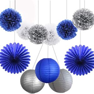 HEARTFEEL 11pcs Navy Blue Silver White Tissue Pom Poms Paper Lanterns Paper Fans Kit for Baby Shower, Bachorlette, Wedding, Birthday, Grad Party Decorations (Navy Blue,Silver,White)