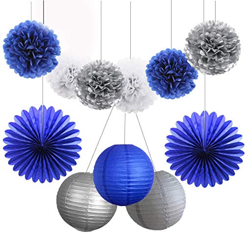 HEARTFEEL 11pcs Navy Blue Silver White Tissue Pom Poms Paper Lanterns Paper Fans Kit for Baby Shower, Bachorlette, Wedding, Birthday, Grad Party Decorations (Navy Blue,Silver,White)