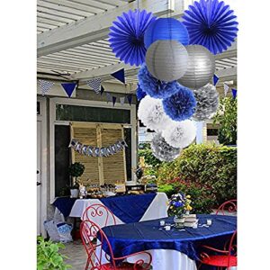 HEARTFEEL 11pcs Navy Blue Silver White Tissue Pom Poms Paper Lanterns Paper Fans Kit for Baby Shower, Bachorlette, Wedding, Birthday, Grad Party Decorations (Navy Blue,Silver,White)