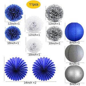 HEARTFEEL 11pcs Navy Blue Silver White Tissue Pom Poms Paper Lanterns Paper Fans Kit for Baby Shower, Bachorlette, Wedding, Birthday, Grad Party Decorations (Navy Blue,Silver,White)