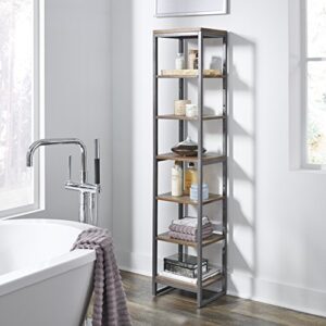 Home Styles Barnside Metro Gray Seven-tier Storage Shelf Tower with Four Adjustable Shelves, Brushed Pine Veneer Shelves, and Powder Coated Metal Frame