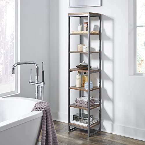 Home Styles Barnside Metro Gray Seven-tier Storage Shelf Tower with Four Adjustable Shelves, Brushed Pine Veneer Shelves, and Powder Coated Metal Frame