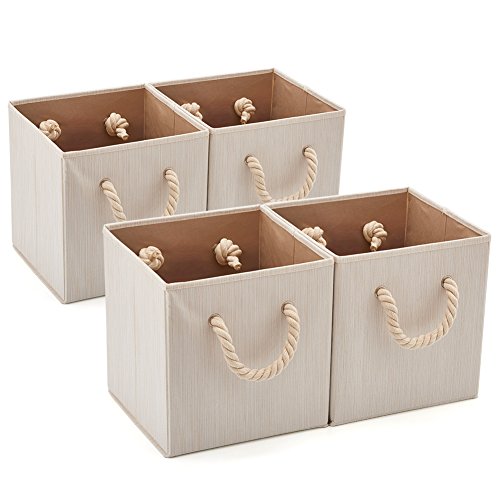 EZOWare Set of 4 Bamboo Fabric Storage Bins with Cotton Rope Handle, 10.5 x 10.5 x 11 inch Foldable Organizer Basket Cube Boxes for Nursery Toys– Beige