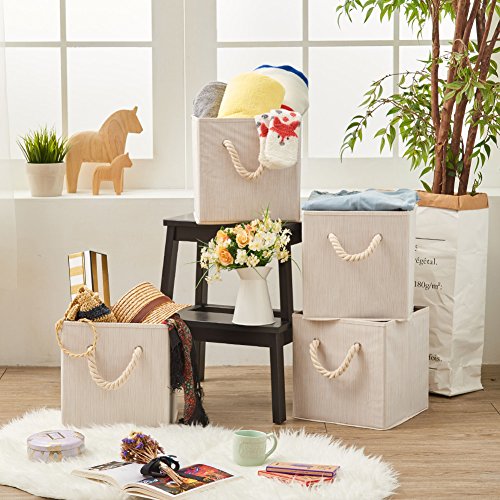 EZOWare Set of 4 Bamboo Fabric Storage Bins with Cotton Rope Handle, 10.5 x 10.5 x 11 inch Foldable Organizer Basket Cube Boxes for Nursery Toys– Beige