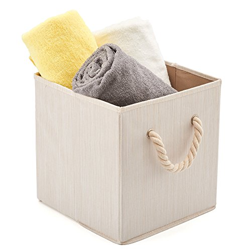 EZOWare Set of 4 Bamboo Fabric Storage Bins with Cotton Rope Handle, 10.5 x 10.5 x 11 inch Foldable Organizer Basket Cube Boxes for Nursery Toys– Beige