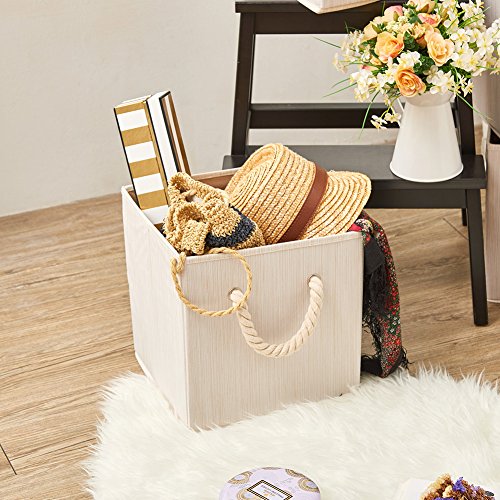 EZOWare Set of 4 Bamboo Fabric Storage Bins with Cotton Rope Handle, 10.5 x 10.5 x 11 inch Foldable Organizer Basket Cube Boxes for Nursery Toys– Beige