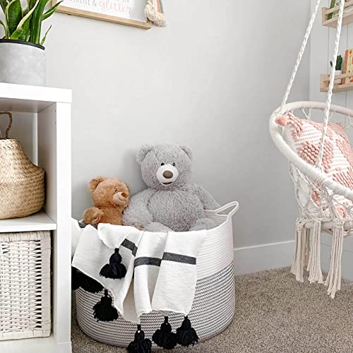 INDRESSME XXXLarge Cotton Rope Basket 21.7" x 21.7" x 13.8" Woven Baby Laundry Basket for Blankets Toys Storage Basket with Handle Comforter Cushions Storage Bins Thread Laundry Hamper-Black Stitch