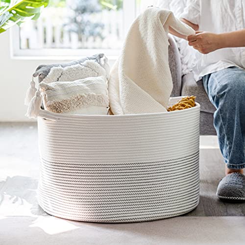 INDRESSME XXXLarge Cotton Rope Basket 21.7" x 21.7" x 13.8" Woven Baby Laundry Basket for Blankets Toys Storage Basket with Handle Comforter Cushions Storage Bins Thread Laundry Hamper-Black Stitch