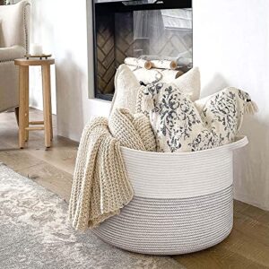 INDRESSME XXXLarge Cotton Rope Basket 21.7" x 21.7" x 13.8" Woven Baby Laundry Basket for Blankets Toys Storage Basket with Handle Comforter Cushions Storage Bins Thread Laundry Hamper-Black Stitch