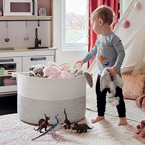 INDRESSME XXXLarge Cotton Rope Basket 21.7" x 21.7" x 13.8" Woven Baby Laundry Basket for Blankets Toys Storage Basket with Handle Comforter Cushions Storage Bins Thread Laundry Hamper-Black Stitch