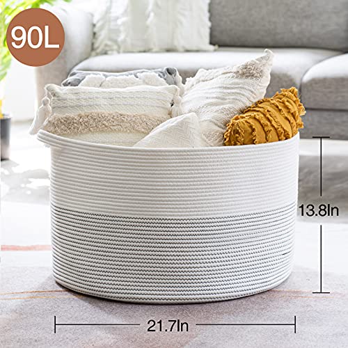 INDRESSME XXXLarge Cotton Rope Basket 21.7" x 21.7" x 13.8" Woven Baby Laundry Basket for Blankets Toys Storage Basket with Handle Comforter Cushions Storage Bins Thread Laundry Hamper-Black Stitch