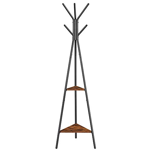 VASAGLE Coat Rack Freestanding, Coat Hanger Stand, Hall Tree with 2 Shelves, for Clothes, Hat, Bag, Industrial Style, Rustic Brown and Black URCR16BX