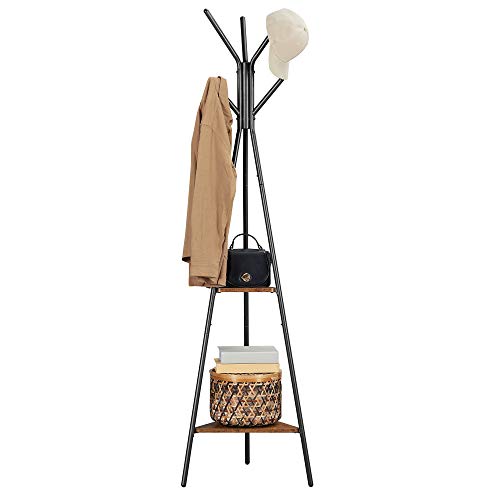 VASAGLE Coat Rack Freestanding, Coat Hanger Stand, Hall Tree with 2 Shelves, for Clothes, Hat, Bag, Industrial Style, Rustic Brown and Black URCR16BX