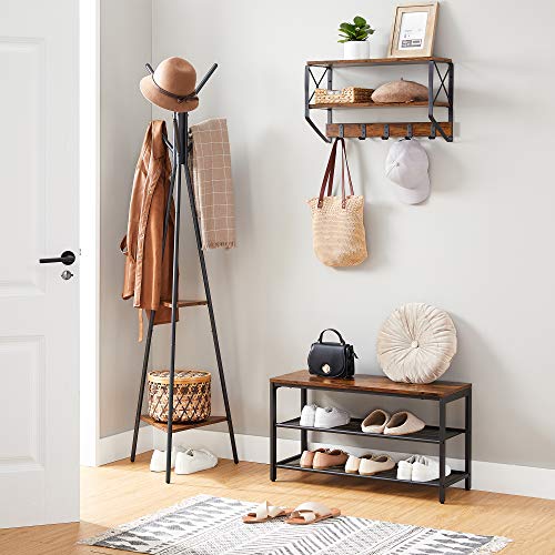 VASAGLE Coat Rack Freestanding, Coat Hanger Stand, Hall Tree with 2 Shelves, for Clothes, Hat, Bag, Industrial Style, Rustic Brown and Black URCR16BX