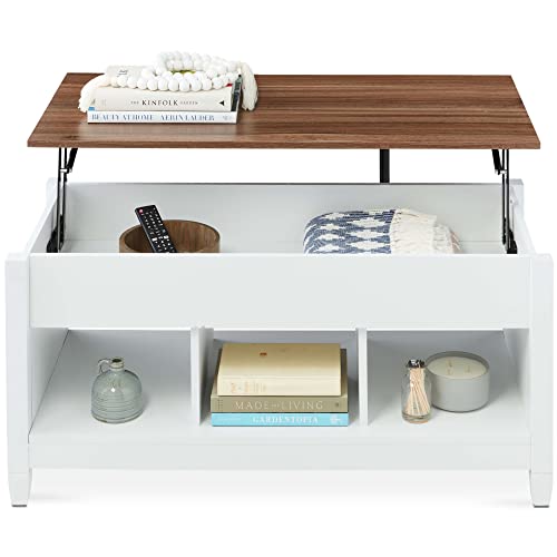 Best Choice Products Lift Top Coffee Table Hidden Storage Wooden Dining Accent Table Furniture for Living Room, Display Shelves - White/Brown