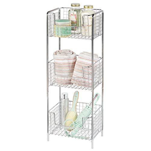 mDesign Steel Freestanding Storage Organizer Tower Rack Basket Shelf, Metal 3-Tier Furniture Unit for Master/Guest Bathroom, Powder Room - Holds Bath Towels, Soap - Concerto Collection - Chrome